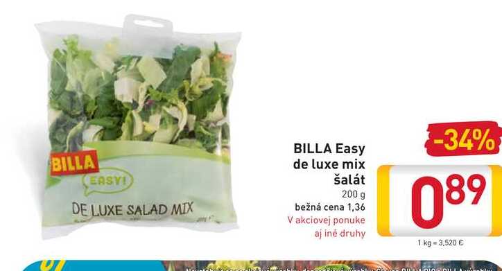 ARCHIV | BILLA Easy de luxe mix šalát 200 g v akcii platné do: 11.1. ...
